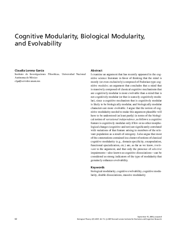 (PDF) Cognitive Modularity, Biological Modularity, and Evolvability