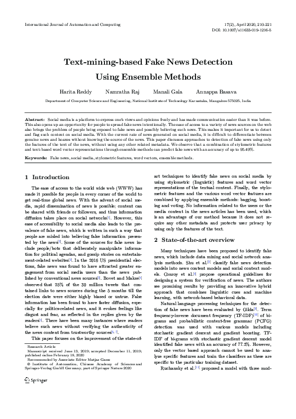 Pdf Text Mining Based Fake News Detection Using Ensemble Methods