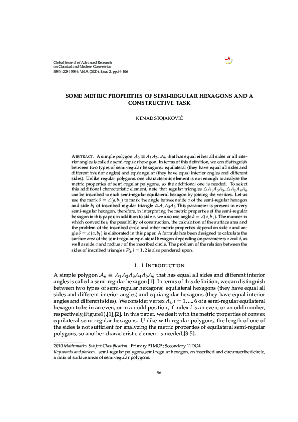 (PDF) Some Metric Properties of Semi-Regular Hexagons and a Constructive Task