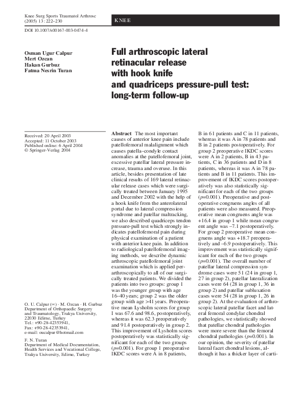 (PDF) Full arthroscopic lateral retinacular release with hook knife and ...