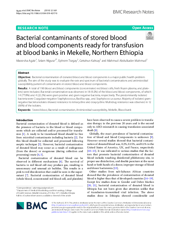(PDF) Bacterial contaminants of stored blood and blood components ready ...