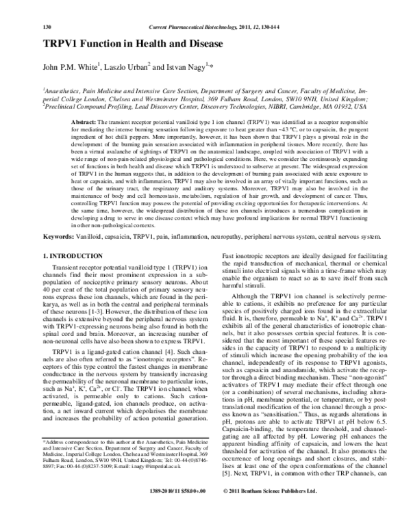 (PDF) TRPV1 Function in Health and Disease