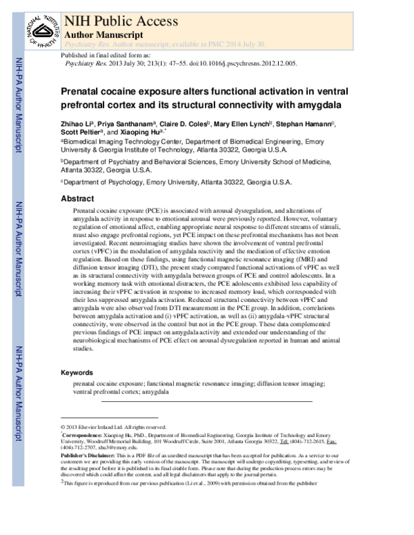 (PDF) Prenatal cocaine exposure alters functional activation in the ...