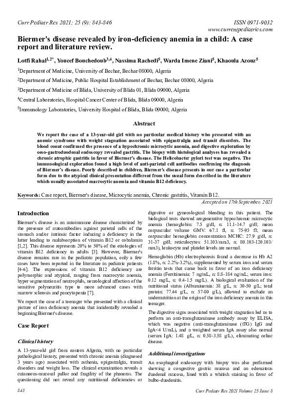 (PDF) Biermer's disease reveled by iron-deficiency anemia in a child: A ...