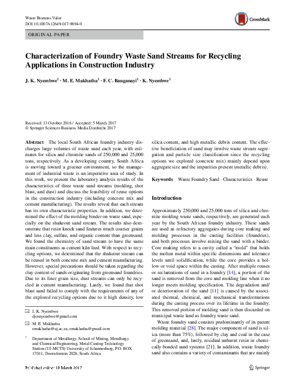 (PDF) Characterization of Foundry Waste Sand Streams for Recycling ...