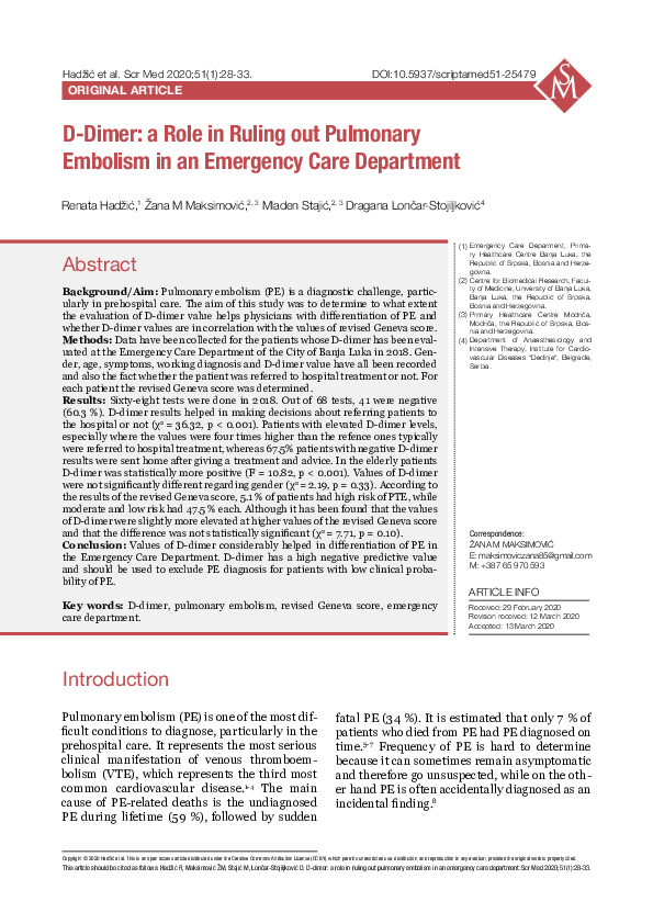 (PDF) D-dimer: A role in ruling out pulmonary embolism in an emergency ...