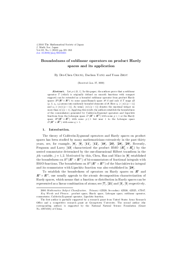 (PDF) Boundedness of sublinear operators on product Hardy spaces and its application | Der-chen ...