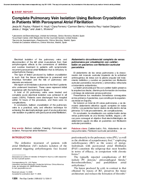 (PDF) Complete Pulmonary Vein Isolation Using Balloon Cryoablation in ...