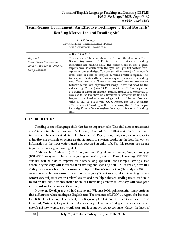 (PDF) The Effect of Team Games Tournament on Students' Reading Motivation and Reading Comprehension