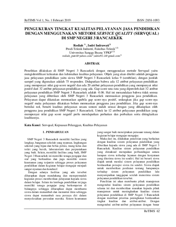 (PDF) Pengukuran Tingkat Kualitas Pelayanan Jasa Pendidikan Dengan Menggunakan Metode Service ...