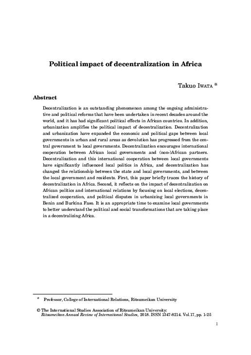 (PDF) Political impact of decentralization in Africa