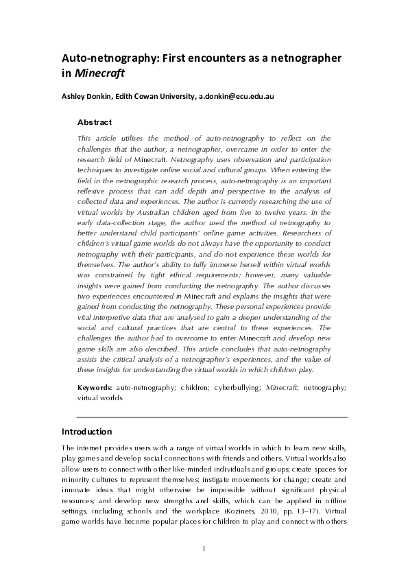 (PDF) Auto-­netnography: First encounters as a netnographer in Minecraft