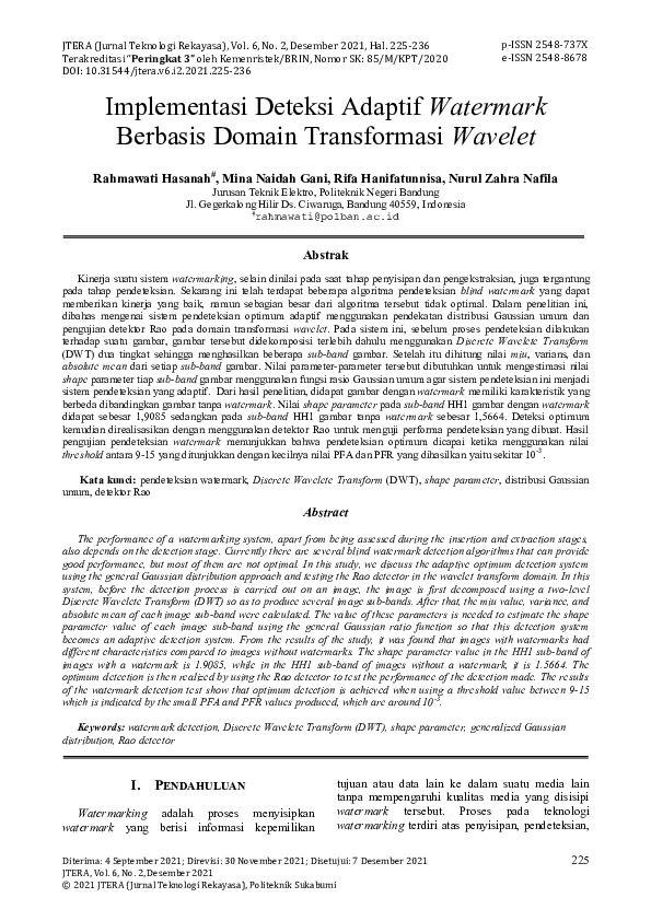 (PDF) Implementasi Deteksi Adaptif Watermark Berbasis Domain Transformasi Wavelet