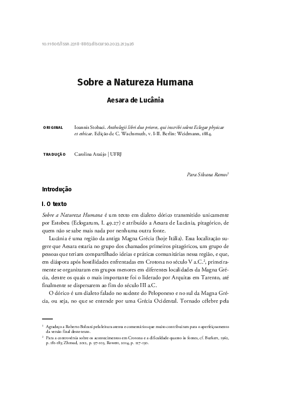 (PDF) Aesara of Lucania: On Human Nature