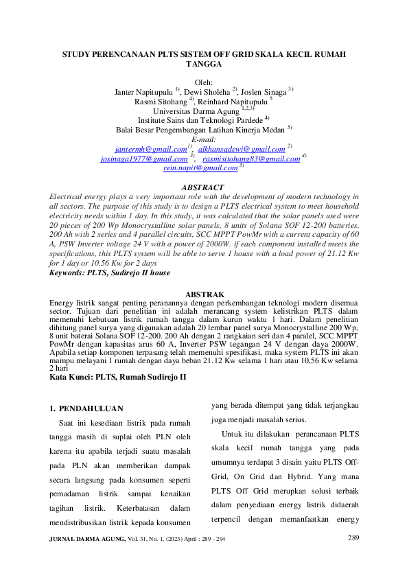 Pdf Study Perencanaan Plts Sistem Off Grid Skala Kecil Rumah Tangga