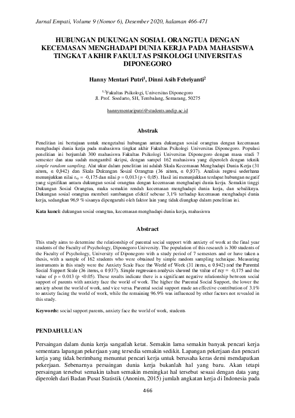 (PDF) Hubungan Dukungan Sosial Orangtua Dengan Kecemasan Menghadapi Dunia Kerja Pada Mahasiswa ...