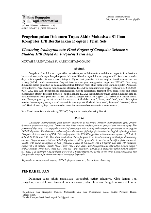 (PDF) Pengelompokan Dokumen Tugas Akhir Mahasiswa S1 Ilmu Komputer IPB Berdasarkan Frequent Term ...