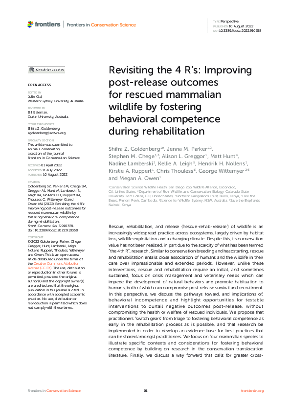 (PDF) Revisiting the 4 R's: Improving post-release outcomes for rescued ...