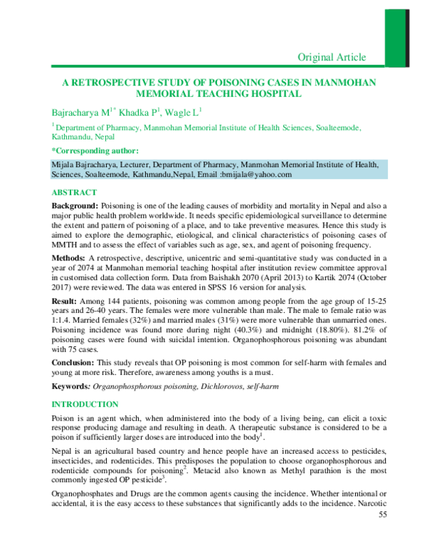 (PDF) A RETROSPECTIVE STUDY OF POISONING CASES IN MANMOHAN MEMORIAL ...