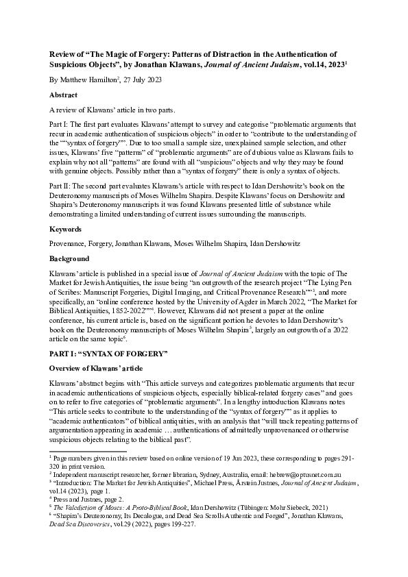 (DOC) Review of "The Magic of Forgery: Patterns of Distraction in the ...