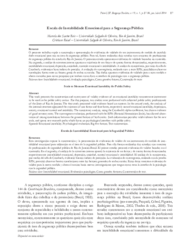 (PDF) Escala de instabilidade emocional para a segurança pública