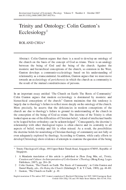 (PDF) Trinity and Ontology: Colin Gunton's Ecclesiology
