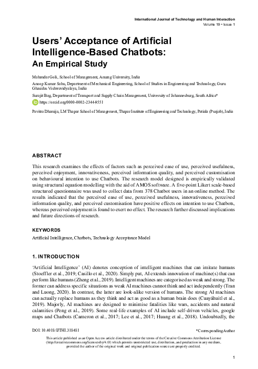 (PDF) Users' Acceptance of Artificial Intelligence-Based Chatbots