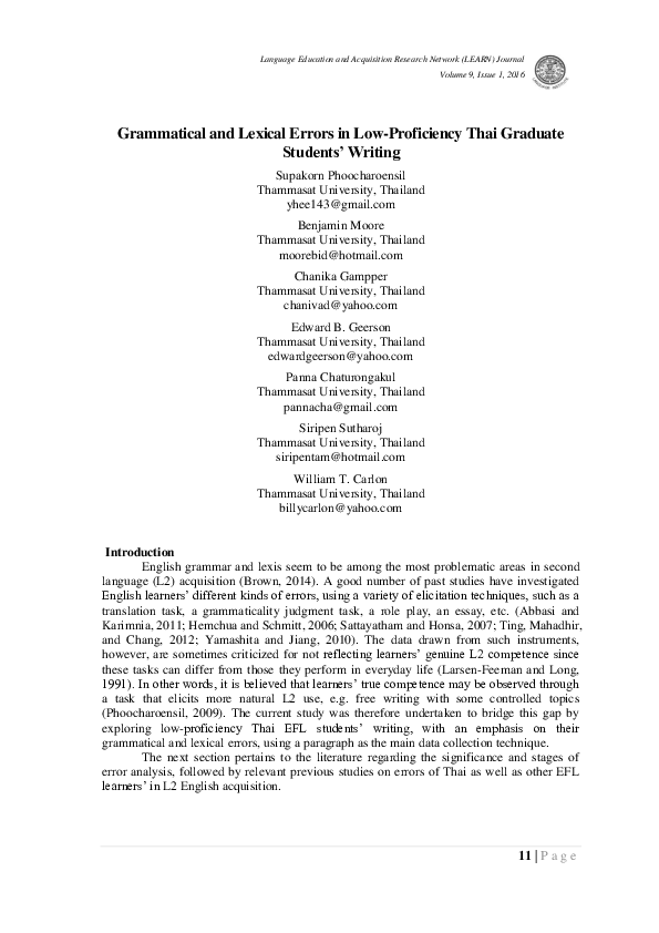 (PDF) Grammatical and Lexical Errors in Low-Proficiency Thai Graduate ...