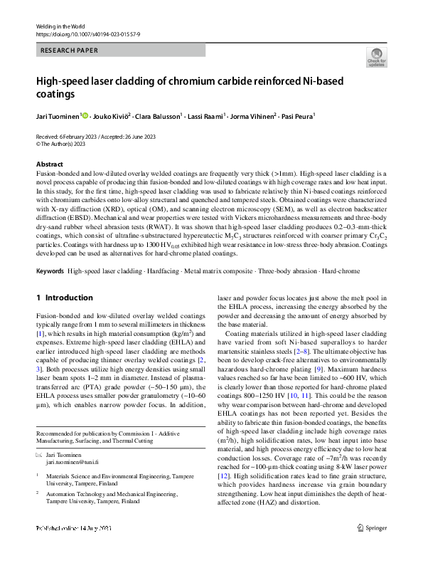 (PDF) High-speed laser cladding of chromium carbide reinforced Ni-based coatings
