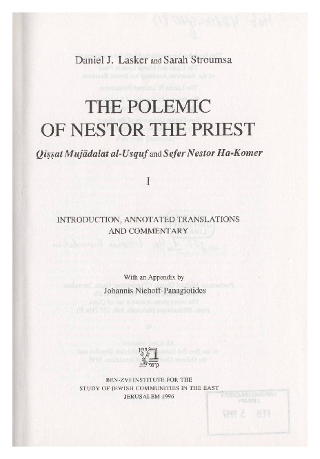 (PDF) Daniel J. Lasker and Sarah Stroumsa, *The Polemic of Nestor the ...