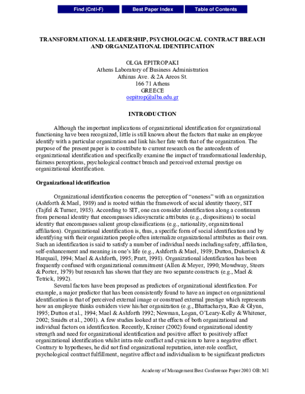 (PDF) Transformational Leadership, Psychological Contract Breach and Organizational Identification