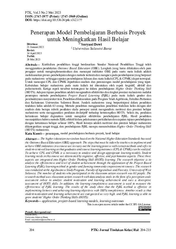 (PDF) Penerapan Model Pembelajaran Berbasis Proyek untuk Meningkatkan Hasil Belajar