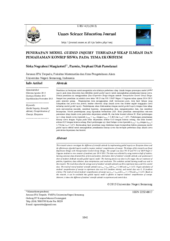 (PDF) Unnes Science Education Journal PENERAPAN MODEL GUIDED INQUIRY TERHADAP SIKAP ILMIAH DAN ...