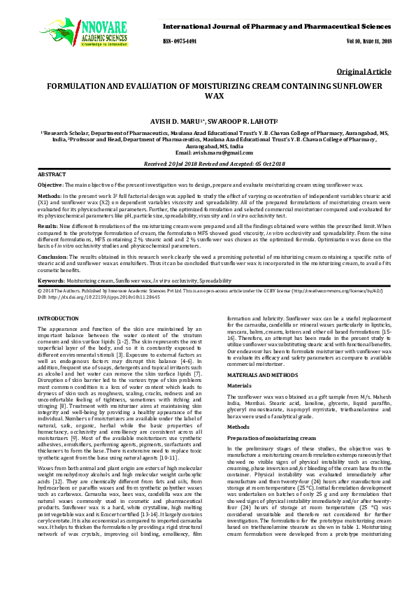 Pdf Formulation And Evaluation Of Moisturizing Cream Containing Sunflower Wax Original Article