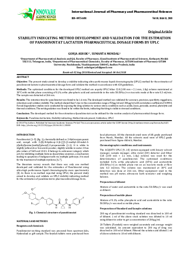 (PDF) STABILITY INDICATING METHOD DEVELOPMENT AND VALIDATION FOR THE ESTIMATION OF PANOBINOSTAT ...