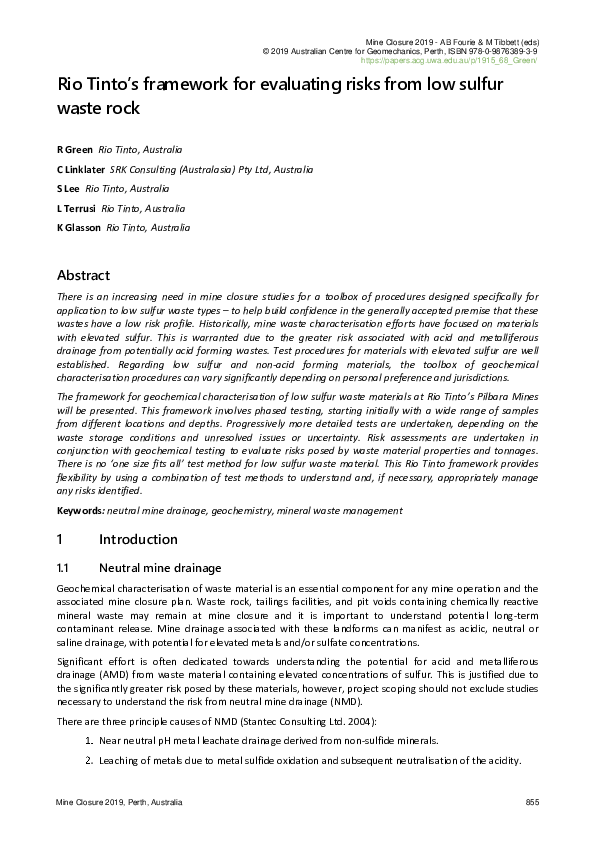 (PDF) Rio Tinto’s framework for evaluating risks from low sulfur waste rock