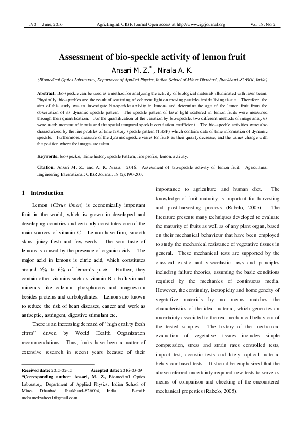 (PDF) Assessment of bio-speckle activity of lemon fruit