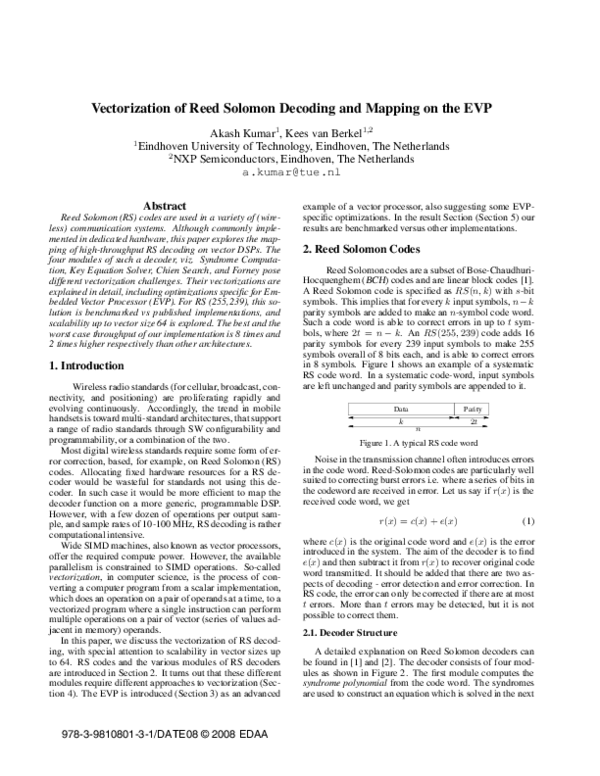 (PDF) Vectorization of Reed Solomon Decoding and Mapping on the EVP