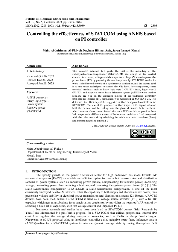 Pdf Controlling The Effectiveness Of Statcom Using Anfis Based On Pi Controller 