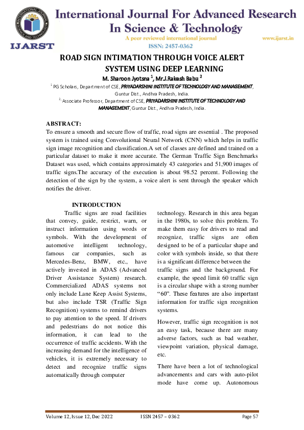 (PDF) ROAD SIGN INTIMATION THROUGH VOICE ALERT SYSTEM USING DEEP LEARNING