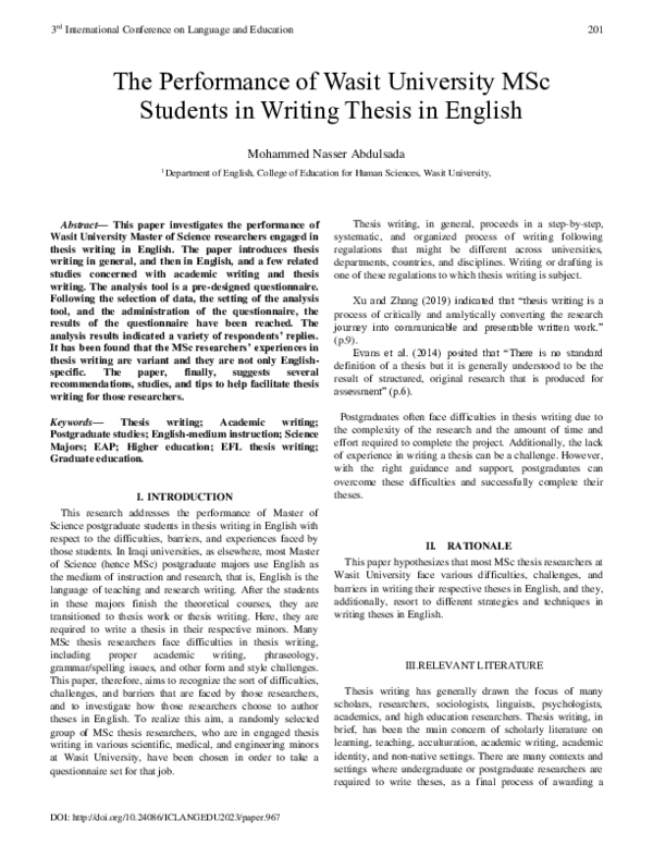 (PDF) The Performance of Wasit University MSc Students in Writing ...
