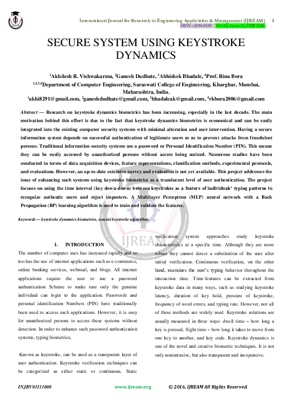 (PDF) Secure System Using Keystroke Dynamics