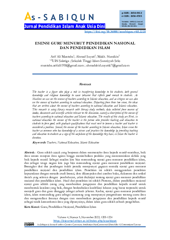 (PDF) Esensi Guru Menurut Pendidikan Nasional dan Pendidikan Islam