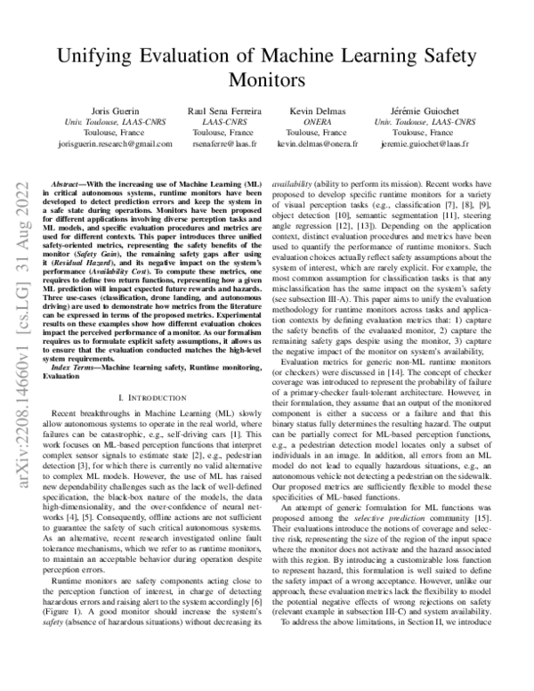 Pdf Unifying Evaluation Of Machine Learning Safety Monitors