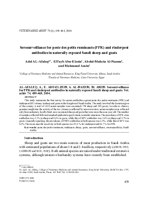 (PDF) Serosurveillance for peste des petits ruminants (PPR) and ...