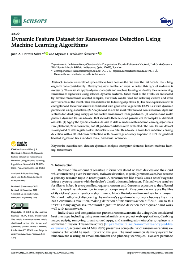Pdf Dynamic Feature Dataset For Ransomware Detection Using Machine Learning Algorithms