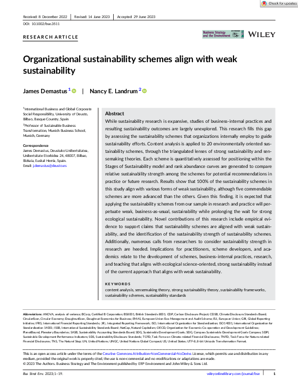 (PDF) Organizational sustainability schemes align with weak sustainability