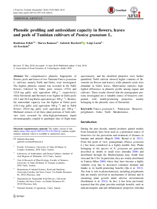 (PDF) Phenolic profiling and antioxidant capacity in flowers, leaves and peels of Tunisian ...
