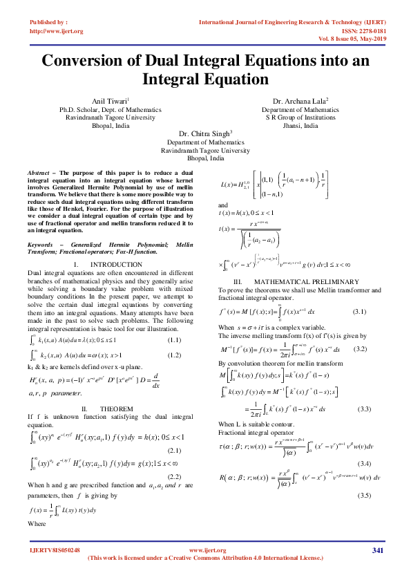(PDF) Conversion of Dual Integral Equations into an Integral Equation