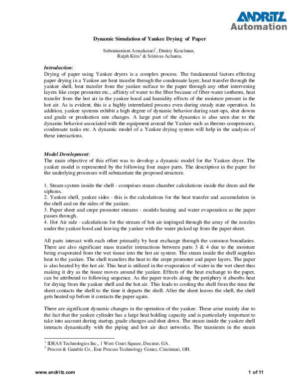 (PDF) Dynamic Simulation of Yankee Drying of Paper